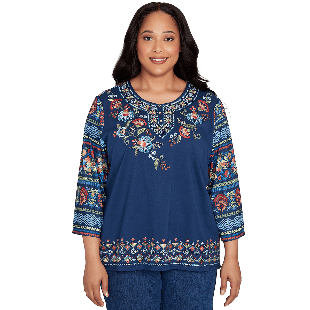 Alfred Dunner Plus Size Sunset Canyon Printed Sleeve Floral Embroidered Top - Navy