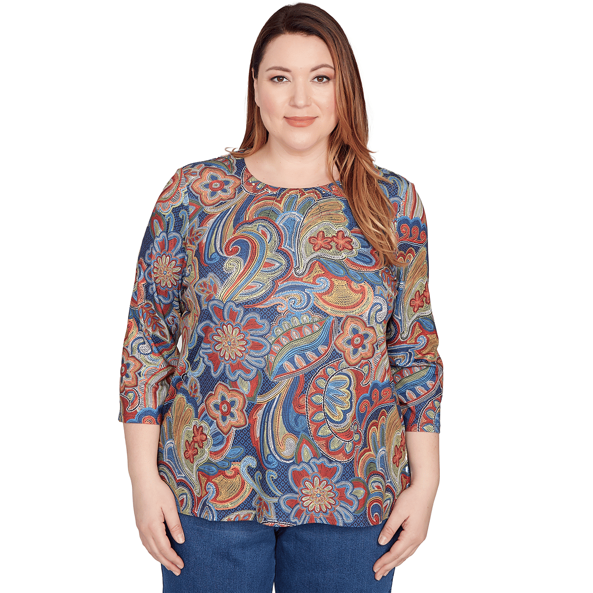 Alfred Dunner Plus Size Sunset Canyon Stitched Floral Pleated Neck Top - Blue Multi