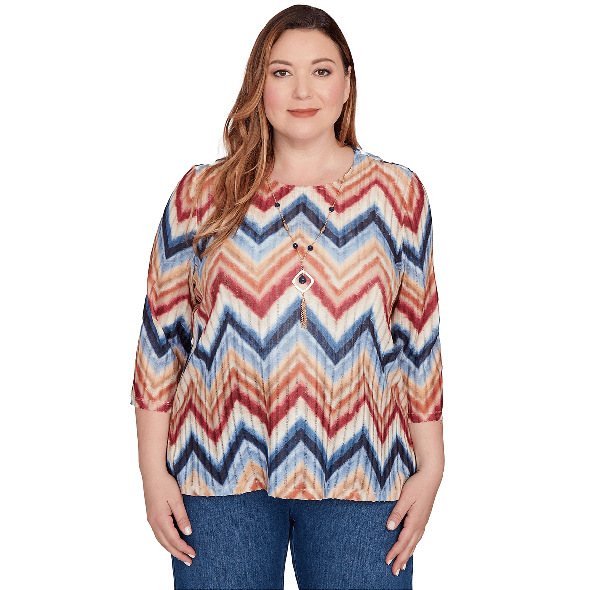 Alfred Dunner Plus Size Sunset Canyon Textured Knit Chevron Top with Necklace - Blue Multi