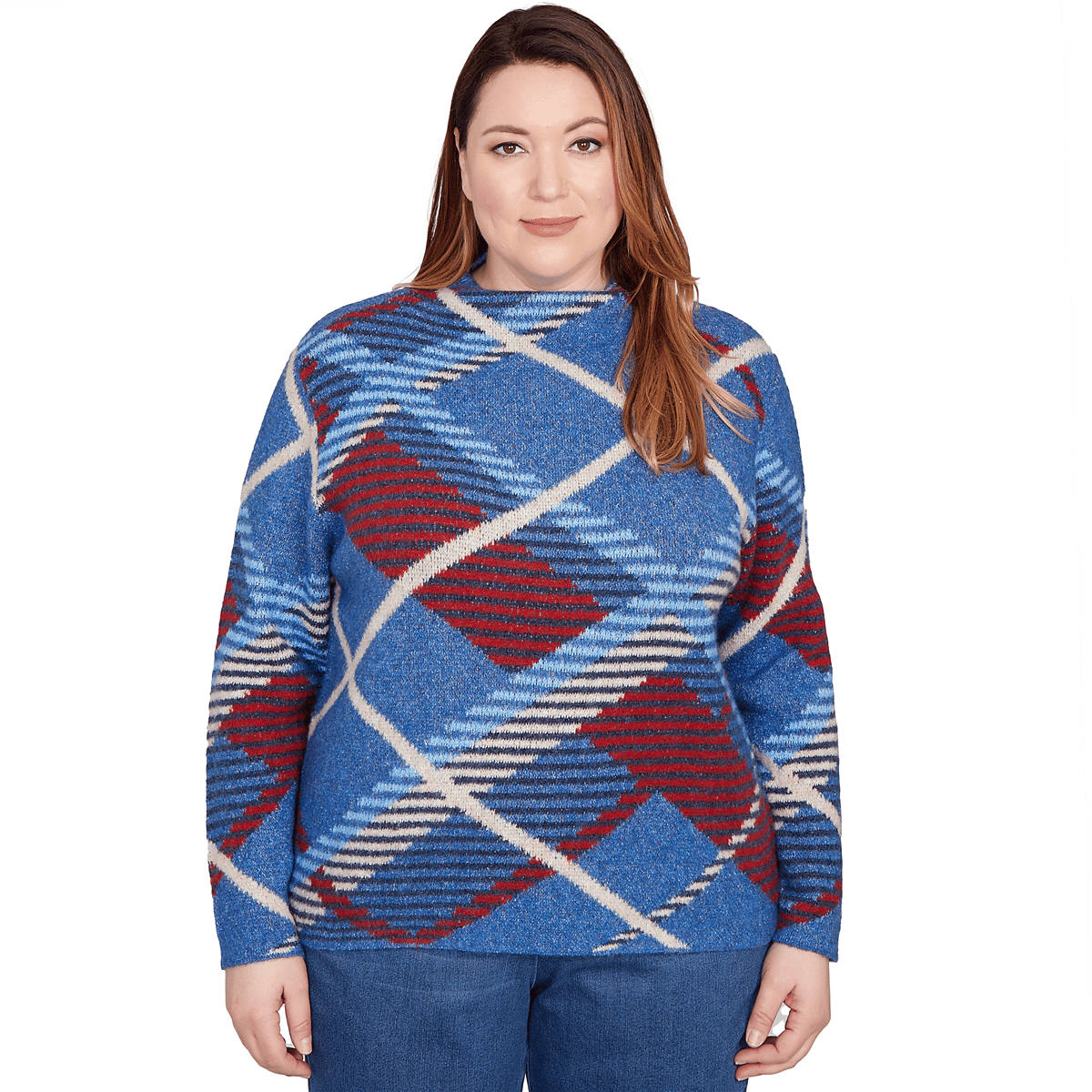 Alfred Dunner Plus Size Sunset Canyon Exploded Plaid Mock Neck Sweater - Blue Multi