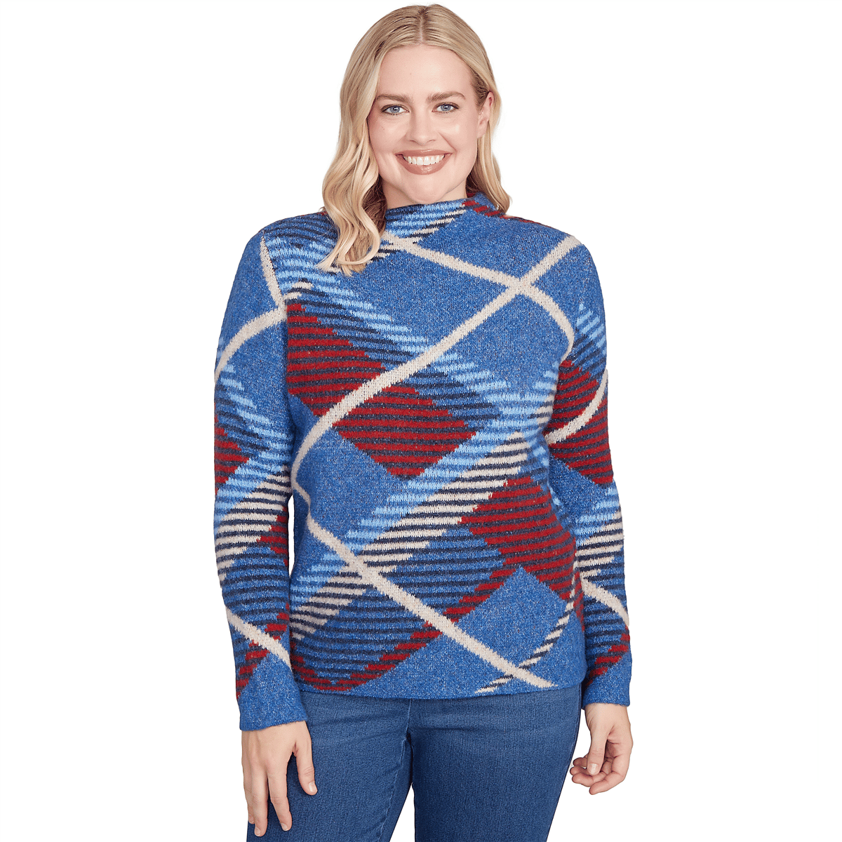 Alfred Dunner Petite Sunset Canyon Exploded Plaid Mock Neck Sweater - Blue Multi