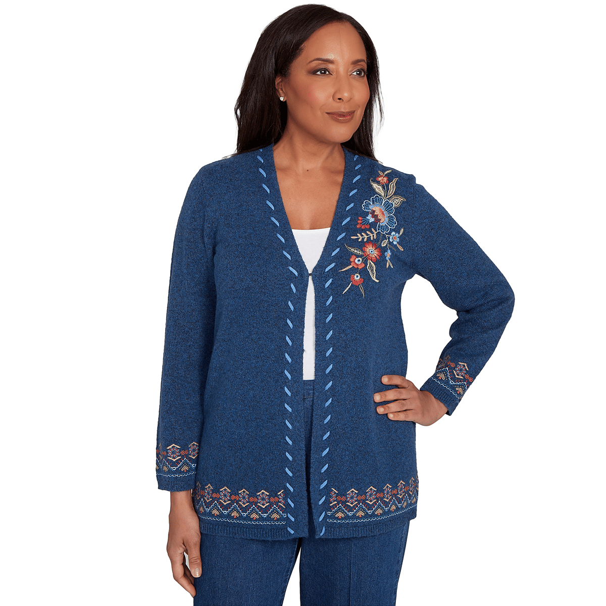 Alfred Dunner Petite Sunset Canyon Embroidered Flower Long Sleeve Cardigan - Blue