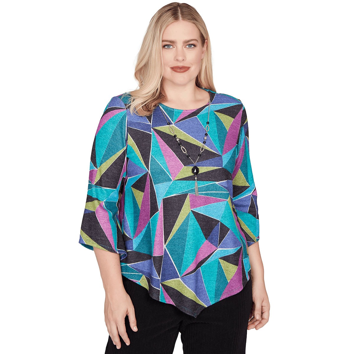 Alfred Dunner Womens Lake Champlain Abstract Stained Glass Top with Necklace - Black Multi