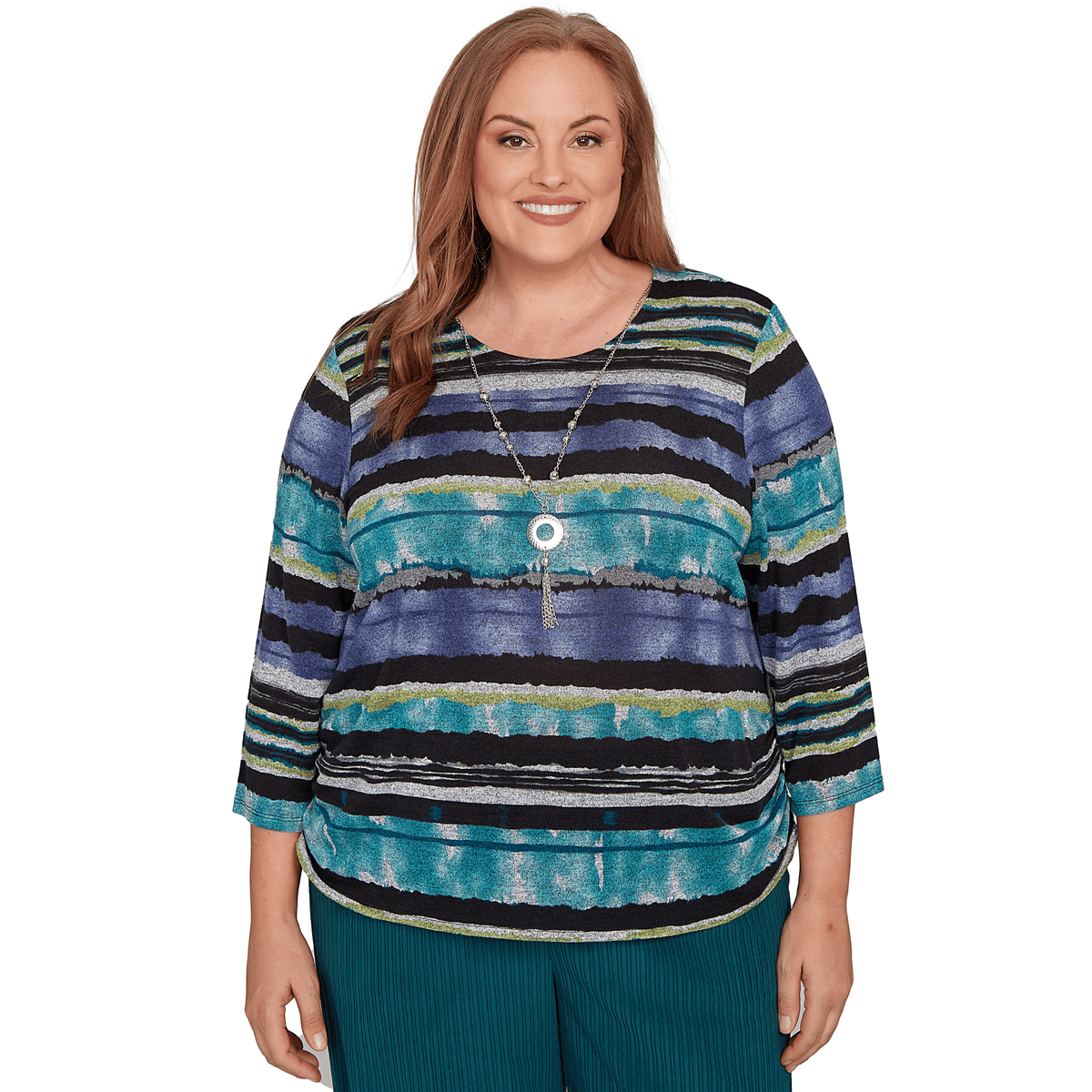 Alfred Dunner Plus Size Lake Champlain Biadere Melange Stripe Top with Necklace - Black Multi