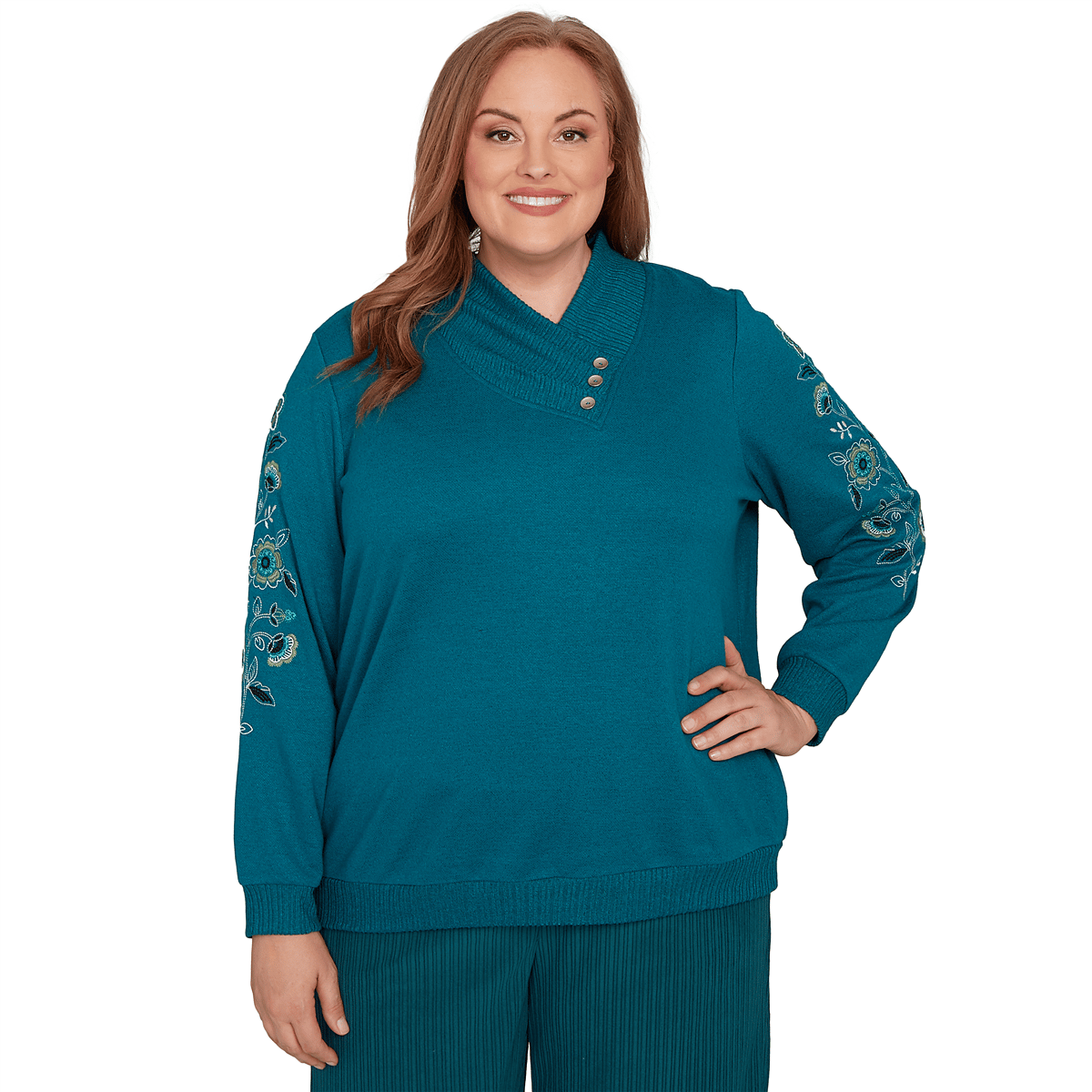 Alfred Dunner Plus Size Lake Champlain Embroidered Sleeve Button Detail Top - Spruce