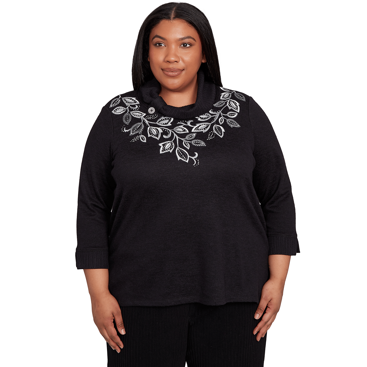 Plus Size Alfred Dunner Lake Champlain Leaf Embroidery Sweater
