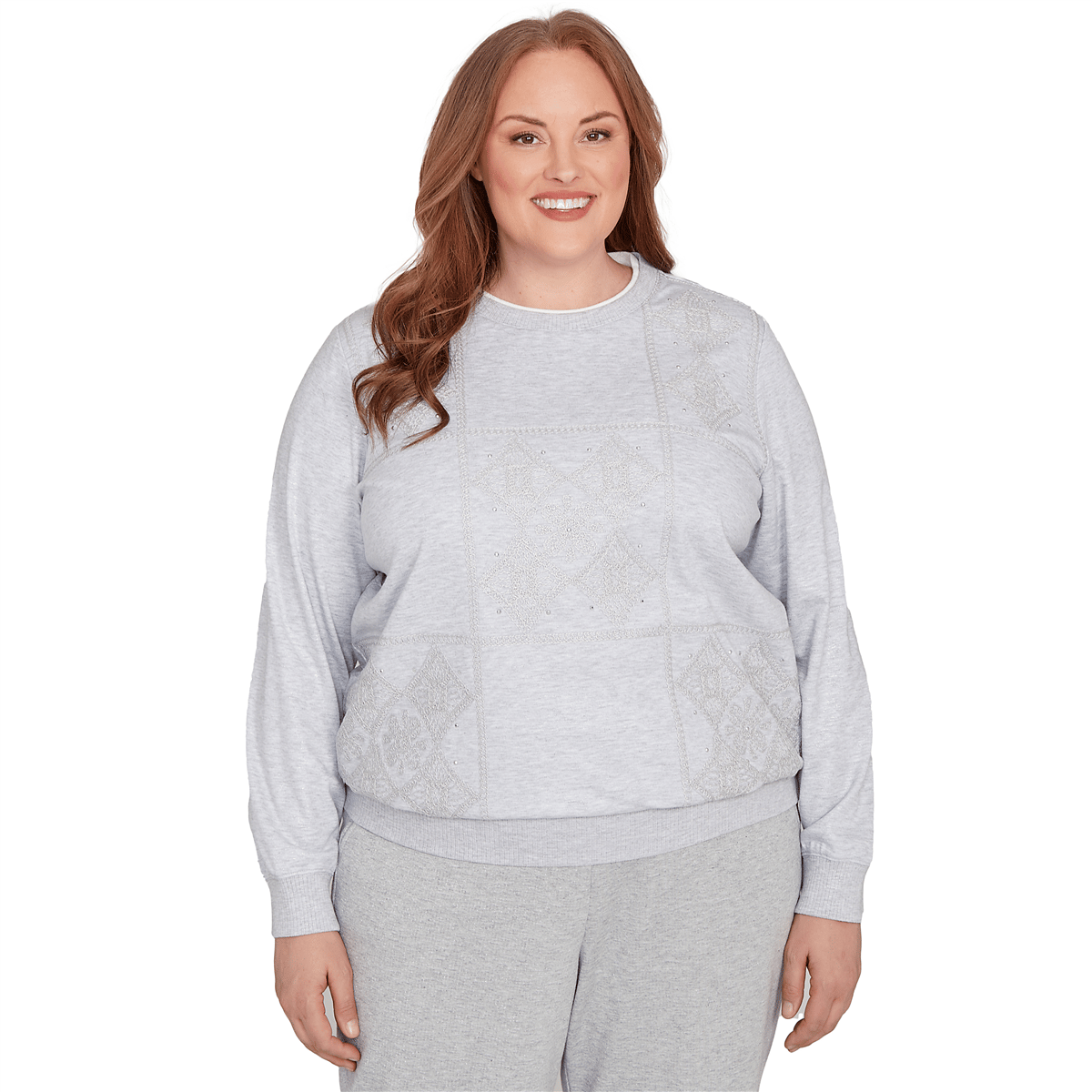 Alfred Dunner Plus Size Casual Vibe Embroidered Patchwork Long Sleeve Top - Cultivated Pearl Heather