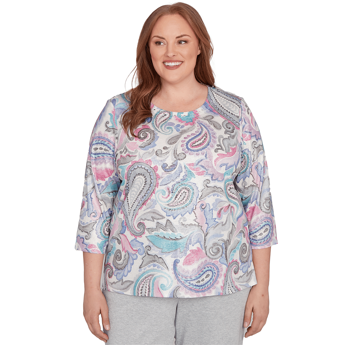 Alfred Dunner Plus Size Casual Vibe Pleated Paisley Crew Neck Top - Grey Multi