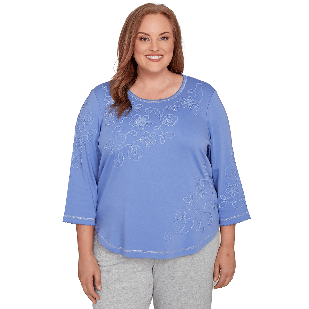 Alfred Dunner Plus Size Casual Vibe Asymmetrical Floral Embroidered Detail Top - Iris