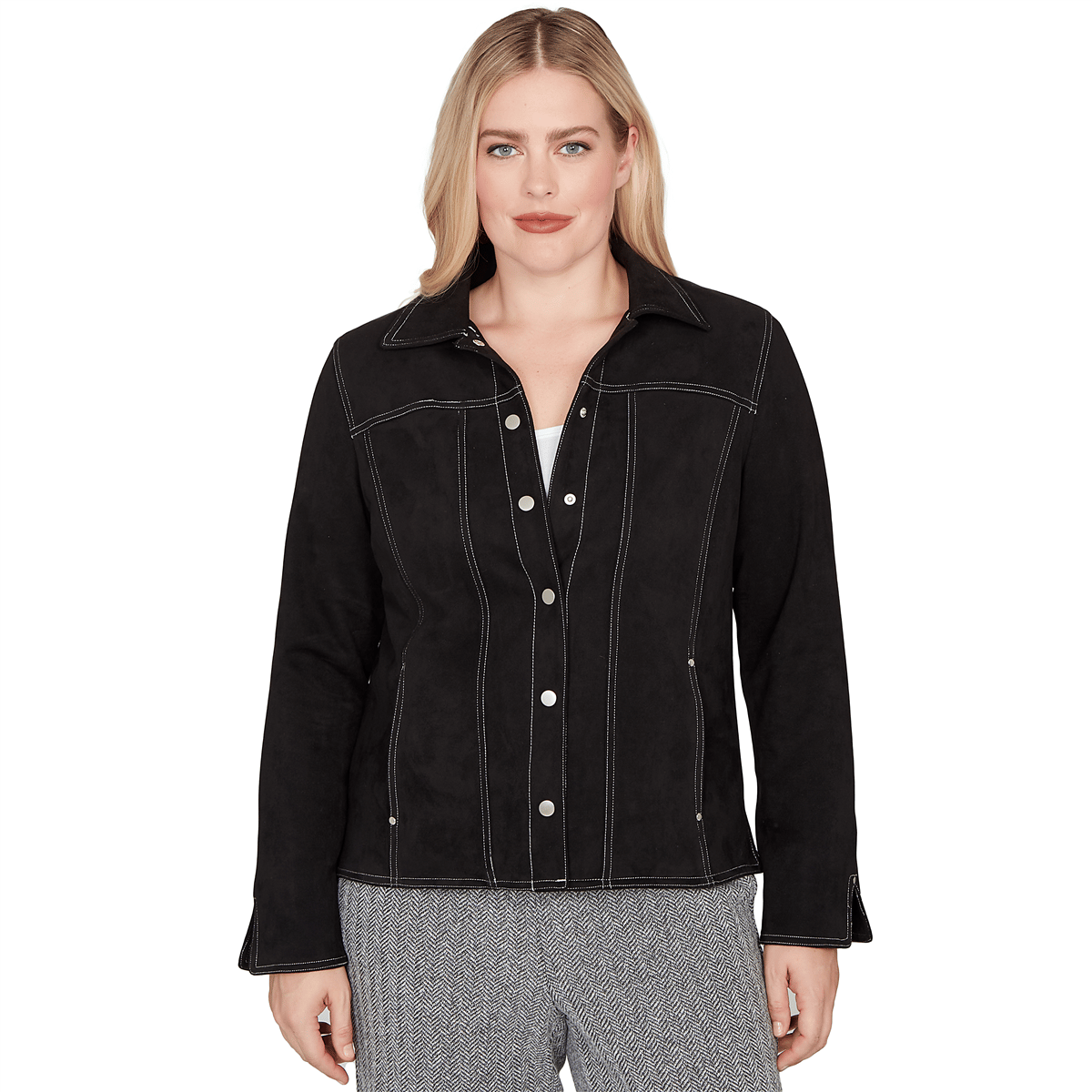 Alfred Dunner Womens Jet Setter Print Lining Faux Suede Jacket - Black