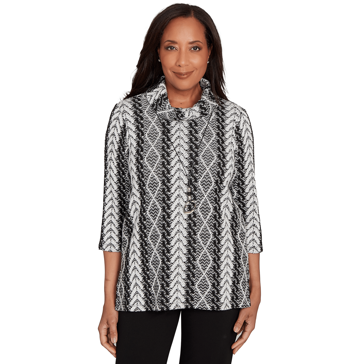 Alfred Dunner Womens Jet Setter Cable Jacquard Knit Top with Necklace - Black/White