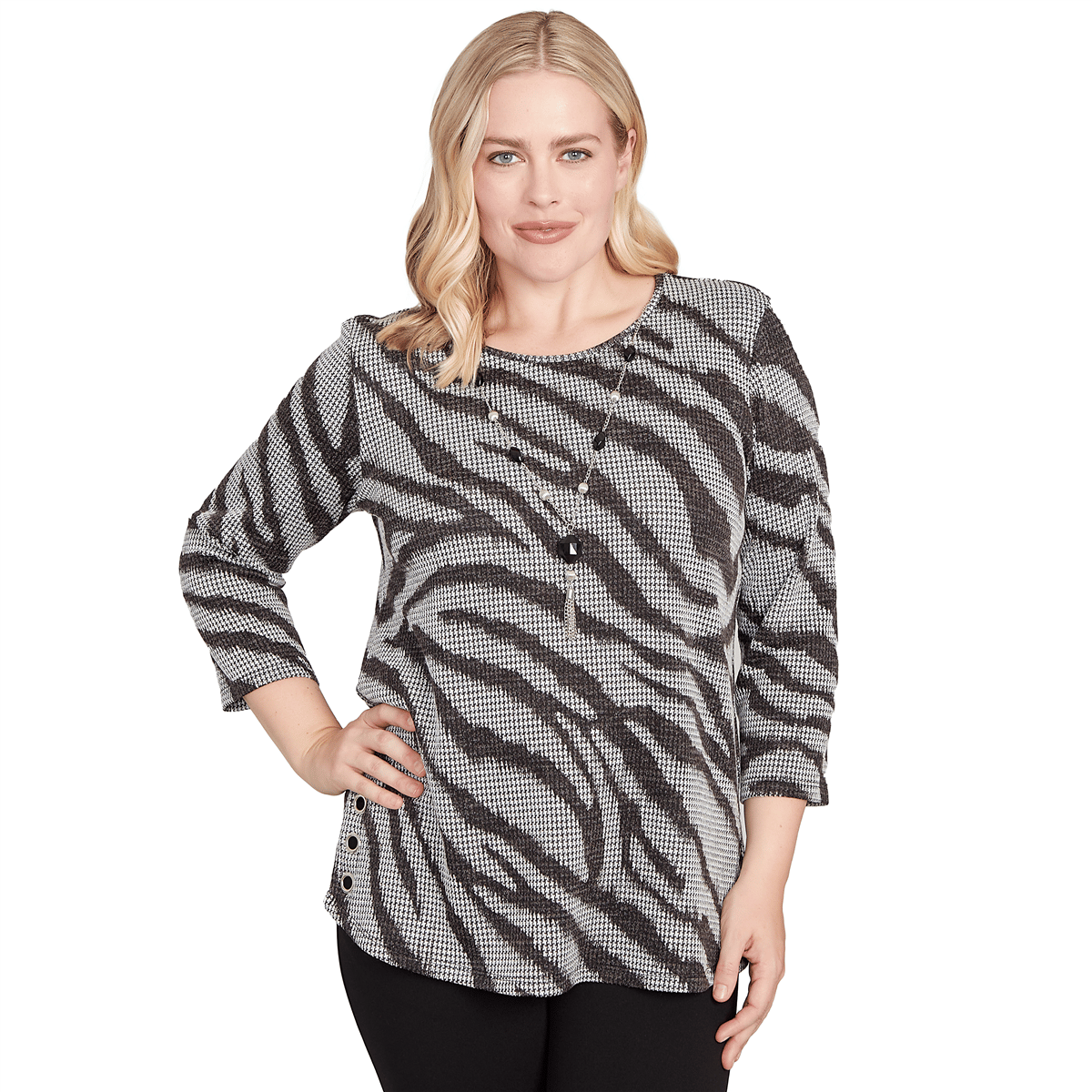 Alfred Dunner Womens Jet Setter Animal Houndstooth Top with Necklace - Black