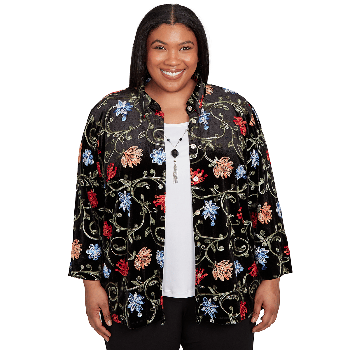 Alfred Dunner Plus Size Jet Setter Rich Velvet Floral Two in One Top with Necklace - Black