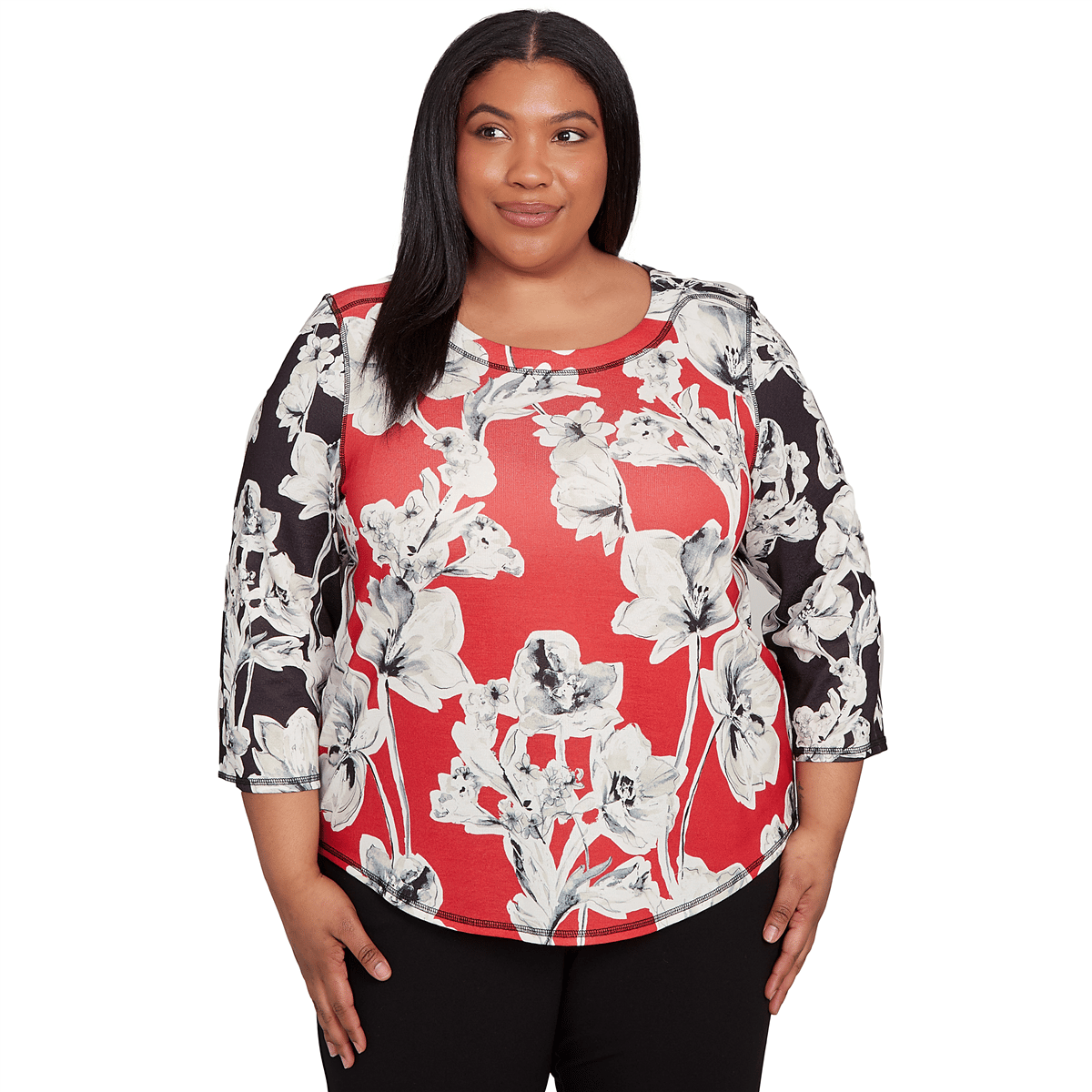 Alfred Dunner Plus Size Jet Setter Dynamic Floral Vintage Watercolor Top - Red Multi