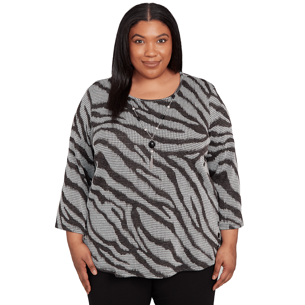 Alfred Dunner Plus Size Jet Setter Animal Houndstooth Top with Necklace - Black