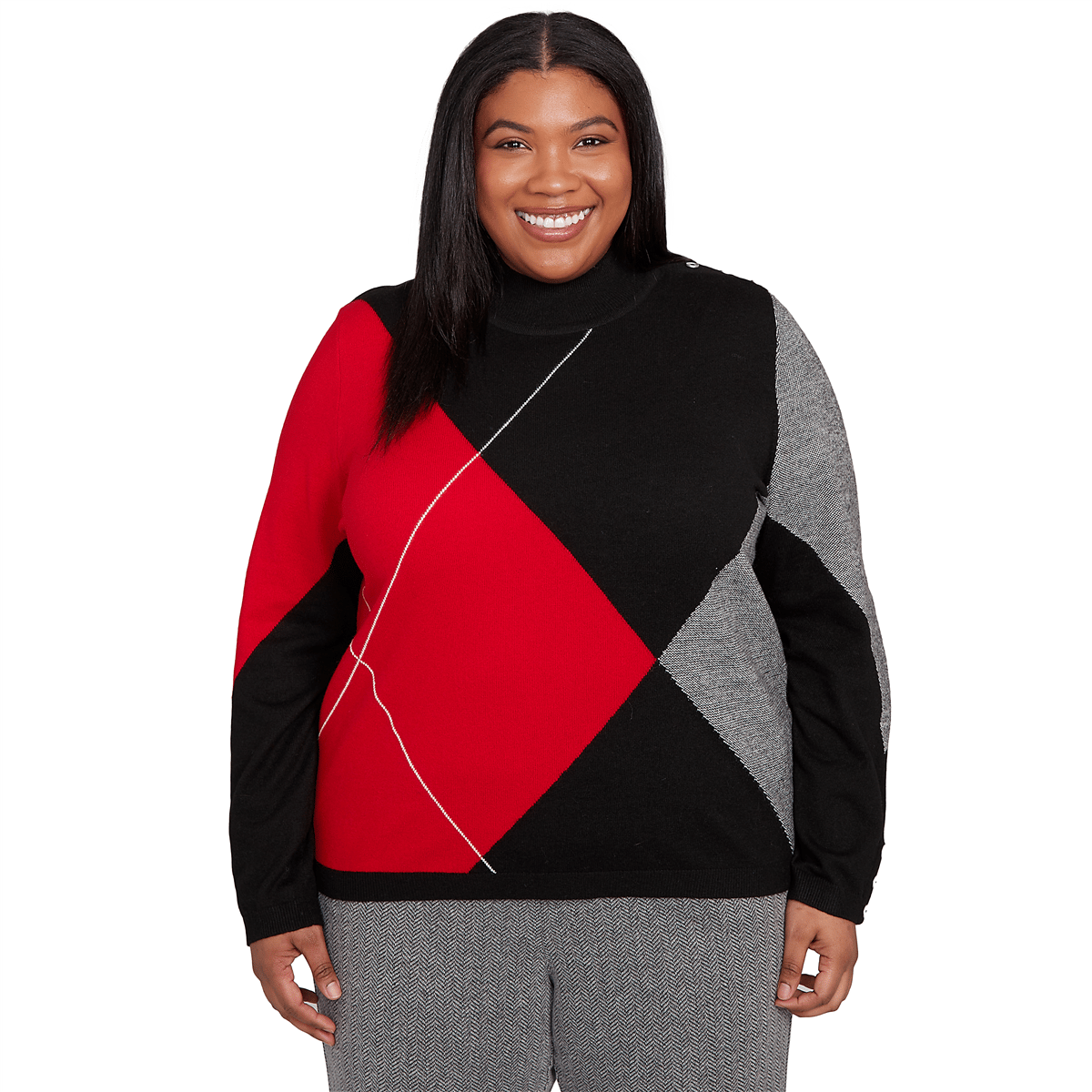 Alfred Dunner Plus Size Jet Setter Geometric Inner Two in One Sweater - Black Multi