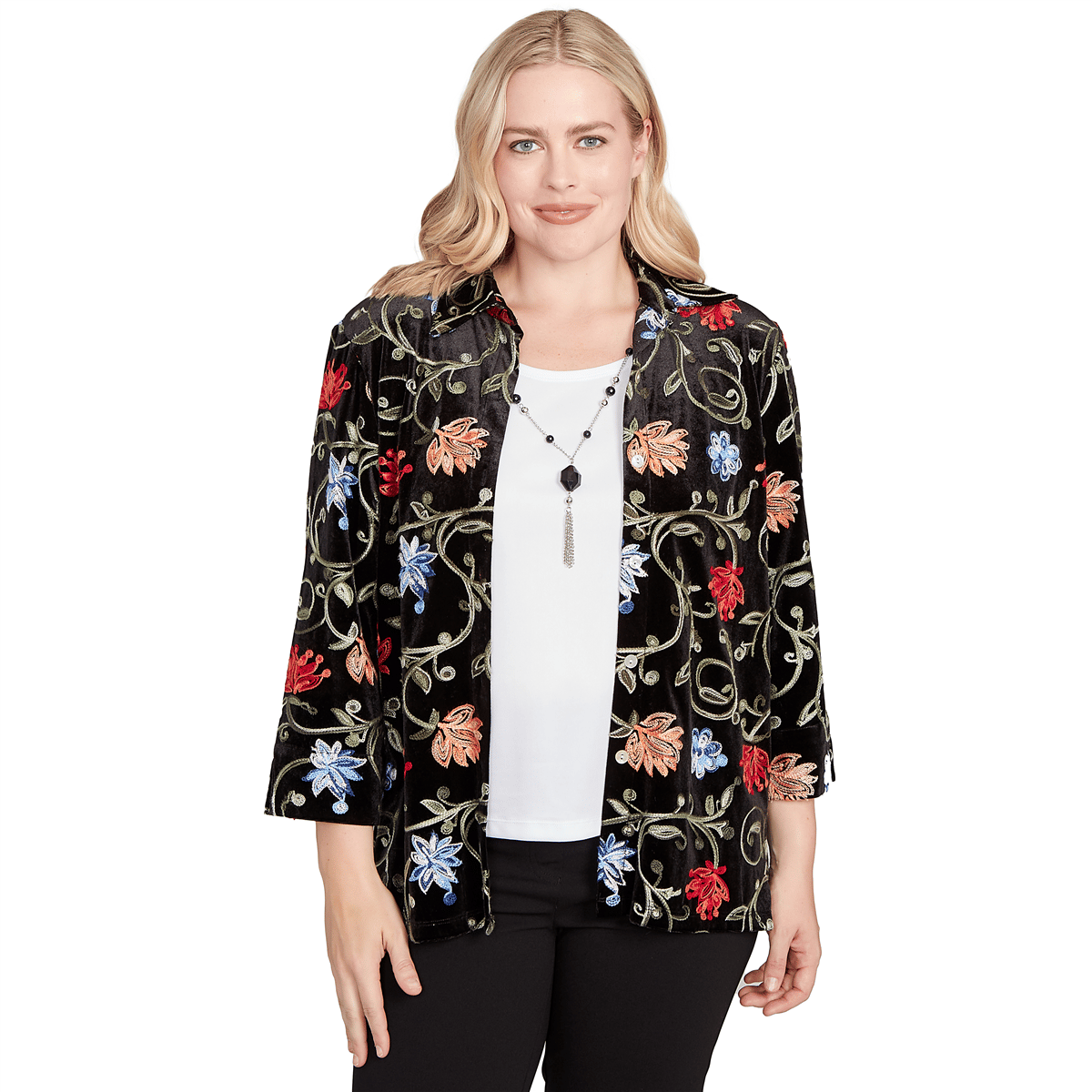 Alfred Dunner Petite Jet Setter Rich Velvet Floral 2 in 1 Collar Top - Black