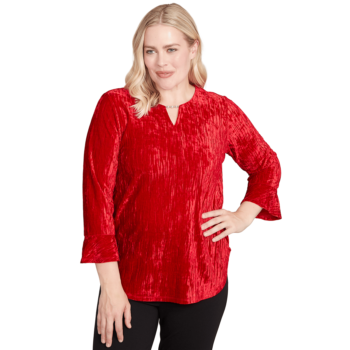Alfred Dunner Petite Jet Setter Crushed Velvet Henley Tie Sleeve Top - Red
