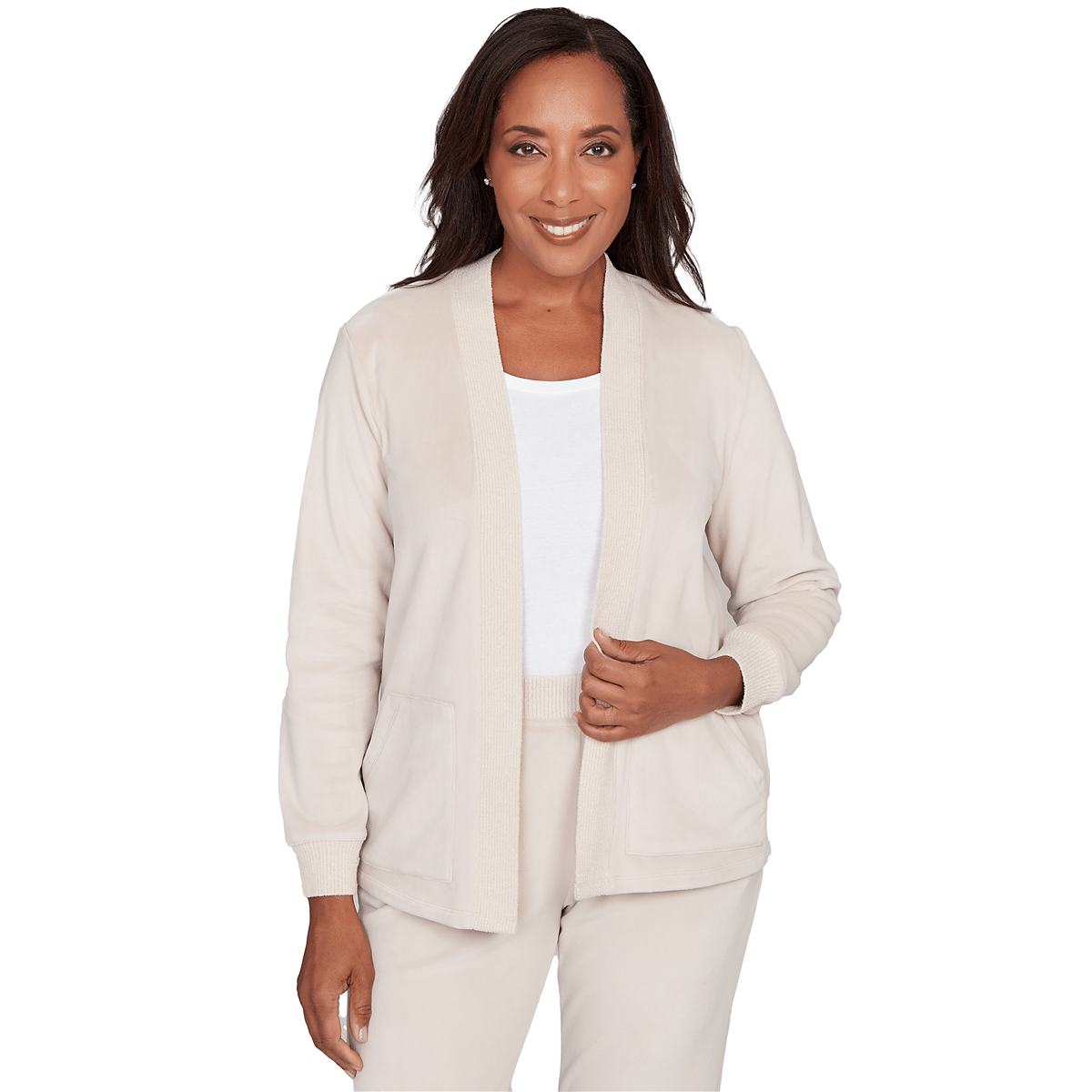 Alfred Dunner Calm Luxe Open Front Rib Trim Cardigan Top - Alabaster