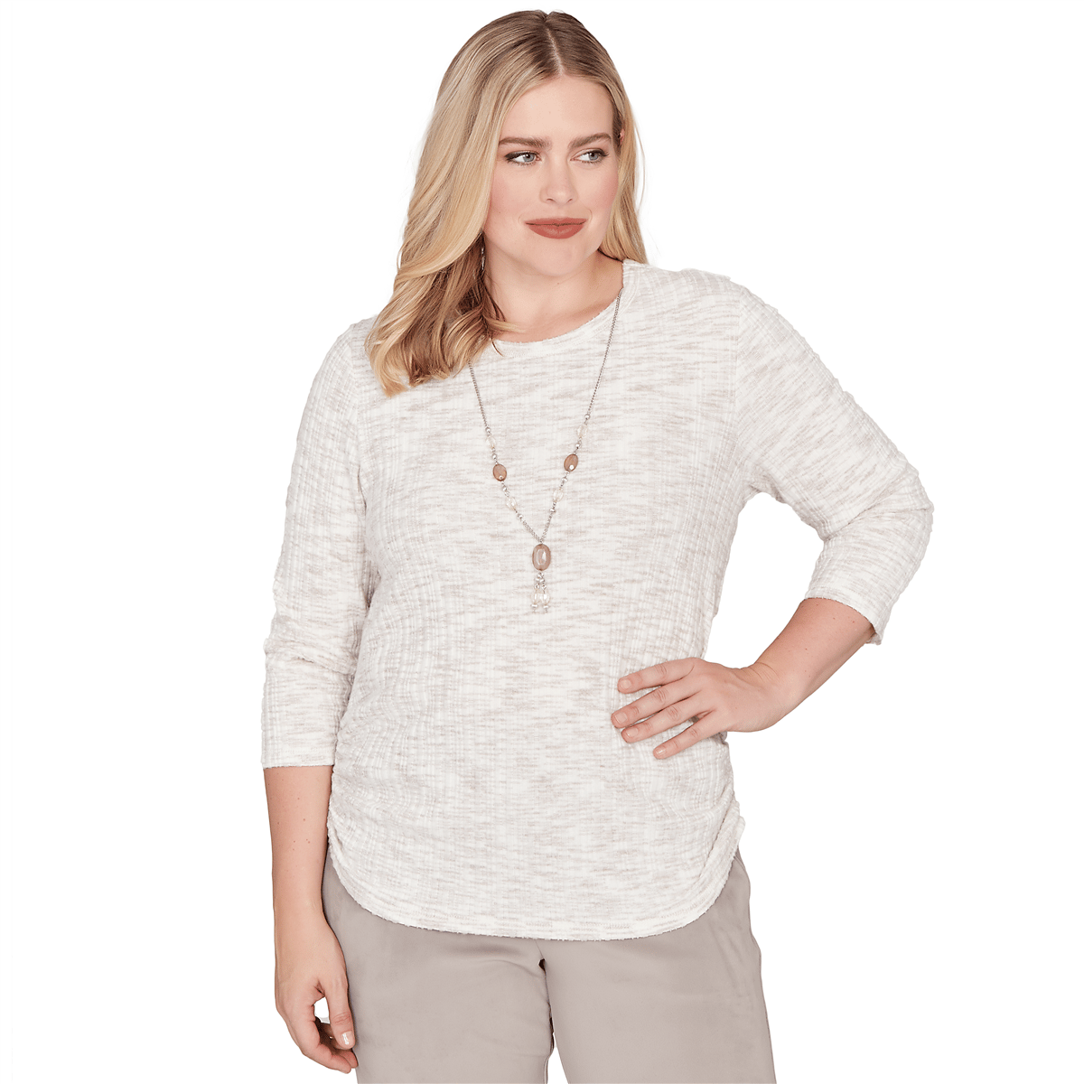 Alfred Dunner Calm Luxe Space Dye Knit Top with Necklace - Alabaster Multi