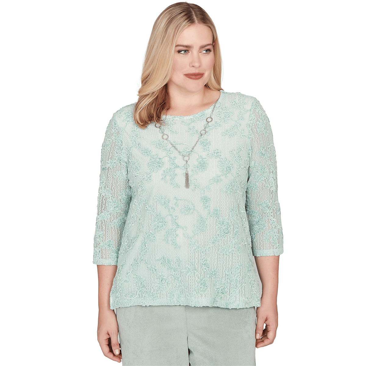 Alfred Dunner Stockbridge Floral Velvet Soutache Mesh Top with Necklace - Sage