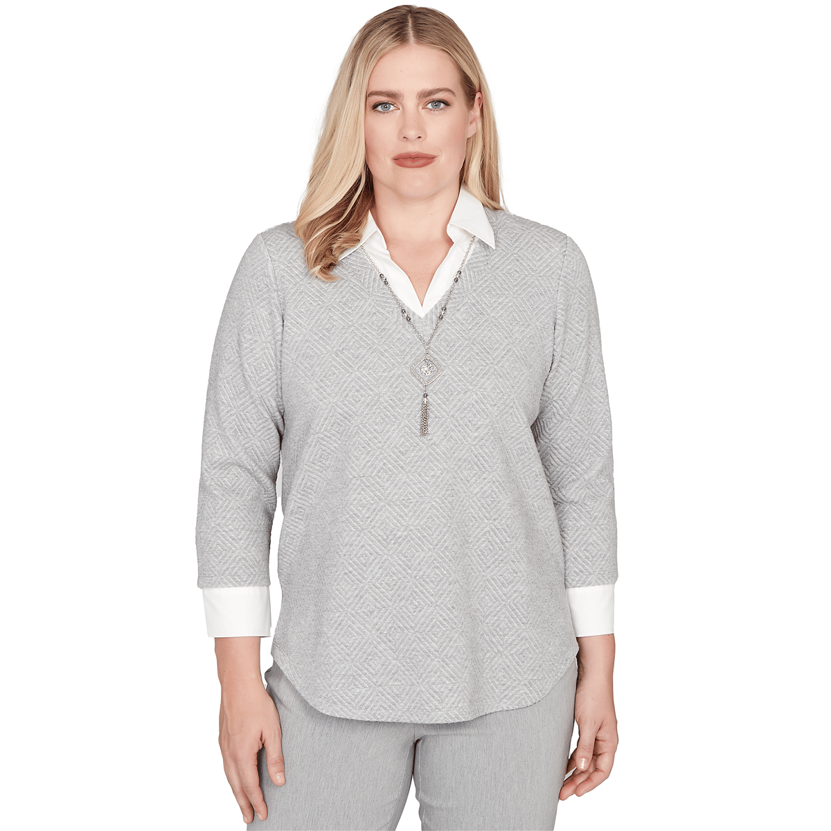 Alfred Dunner Stockbridge Diamond Jacquard Two In One Top with Necklace - Pewter