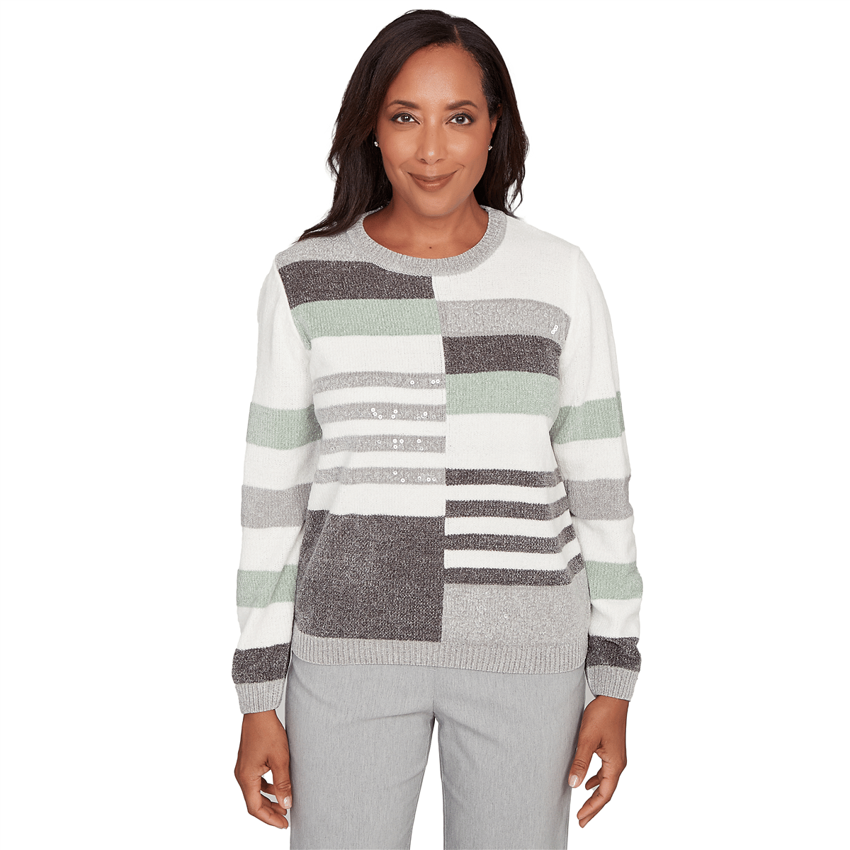 Alfred Dunner Stockbridge Stripe Sequin Colorblock Chenille Sweater - Pewter Multi