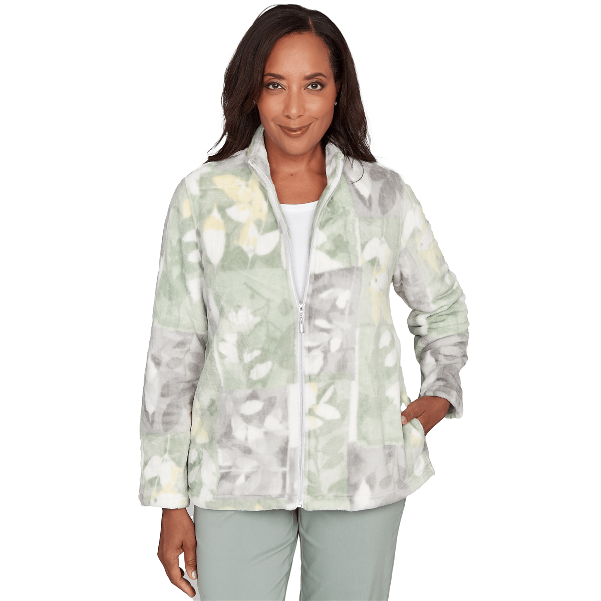 Alfred Dunner Petite Stockbridge Leaf Patchwork Cozy Knit Jacket - Sage Multi