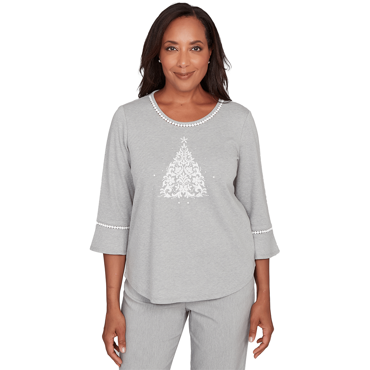 Alfred Dunner Petite Stockbridge Christmas Tree Embellished Knit Top - Pewter
