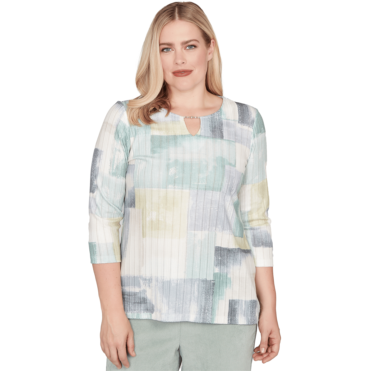 Alfred Dunner Petite Stockbridge Soft Colorblock Rib Texture Knit Top - Multi Green