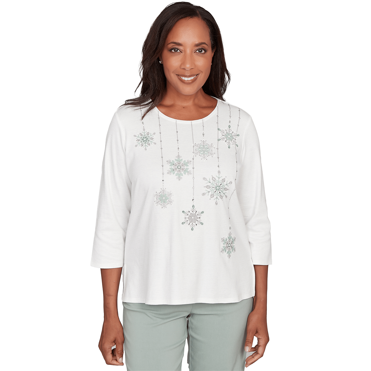 Alfred Dunner Petite Stockbridge Snowflake Cultivated Pearl Studded Shimmer Top - Ivory