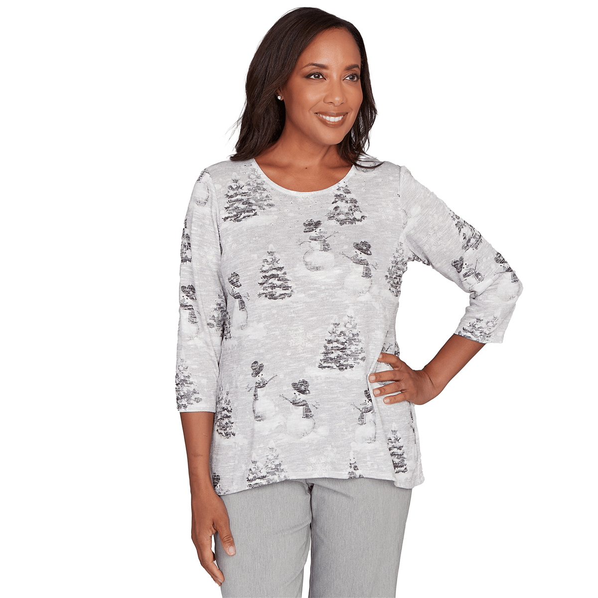 Alfred Dunner Petite Stockbridge Playful Snowmen Scene Knit Top - Pewter