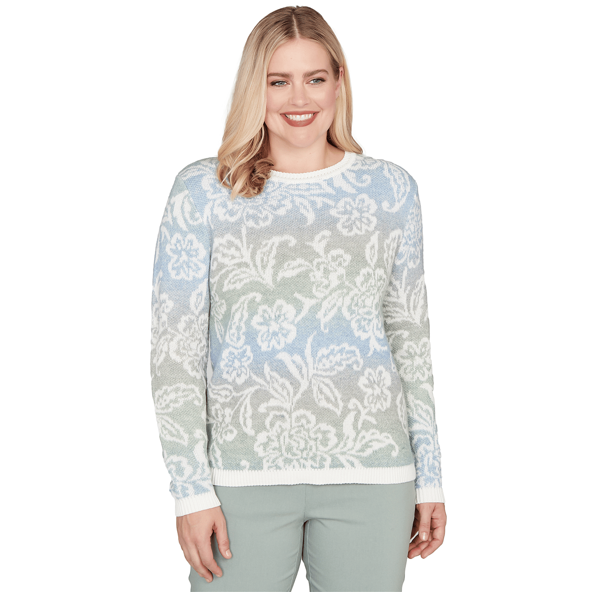 Alfred Dunner Petite Stockbridge Soft Paisley Ombre Sweater - Sage Multi