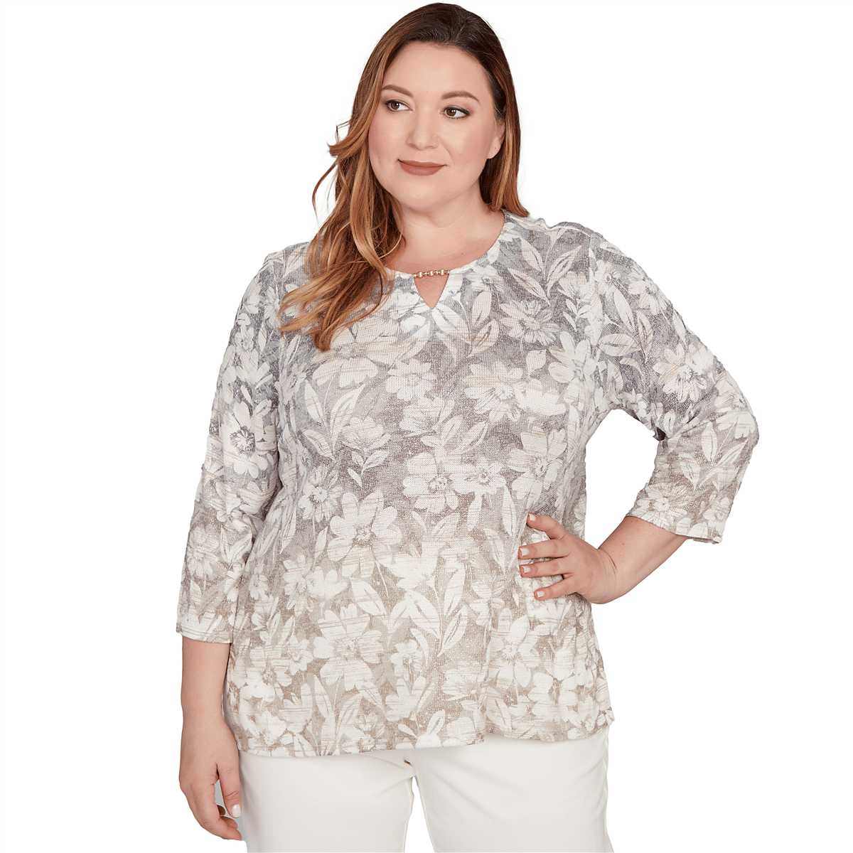 Alfred Dunner Plus Size Vienna Ombre Floral Knit Top - Latte Multi