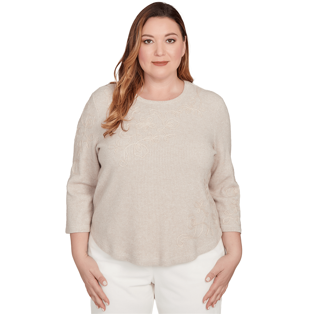 Alfred Dunner Plus Size Vienna Asymmetrical Floral Soutache Knit Top - Latte