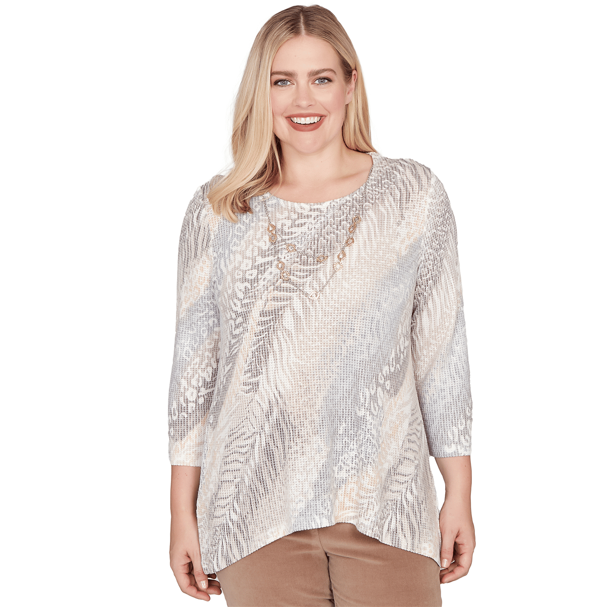 Alfred Dunner Plus Size Vienna Diagonal Animal Print Top With Necklace - Latte Multi