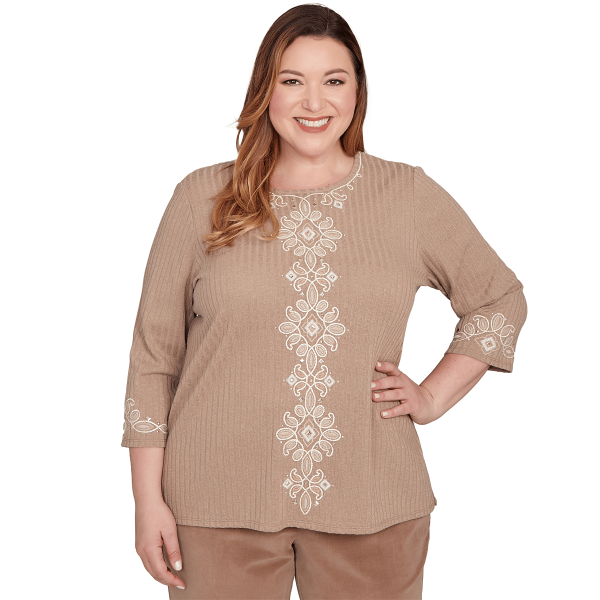Alfred Dunner Plus Size Vienna Embroidered Medallion Center Knit Top - Mocha