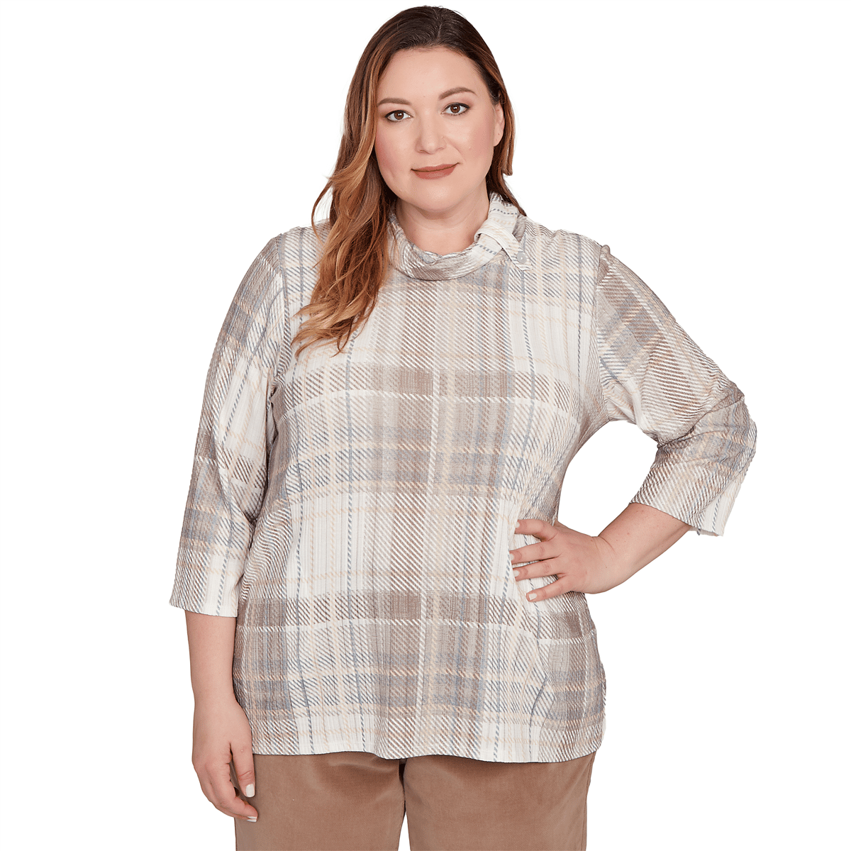 Alfred Dunner Plus Size Vienna Draped Cowl Neckline Plaid Knit Top - Latte Multi