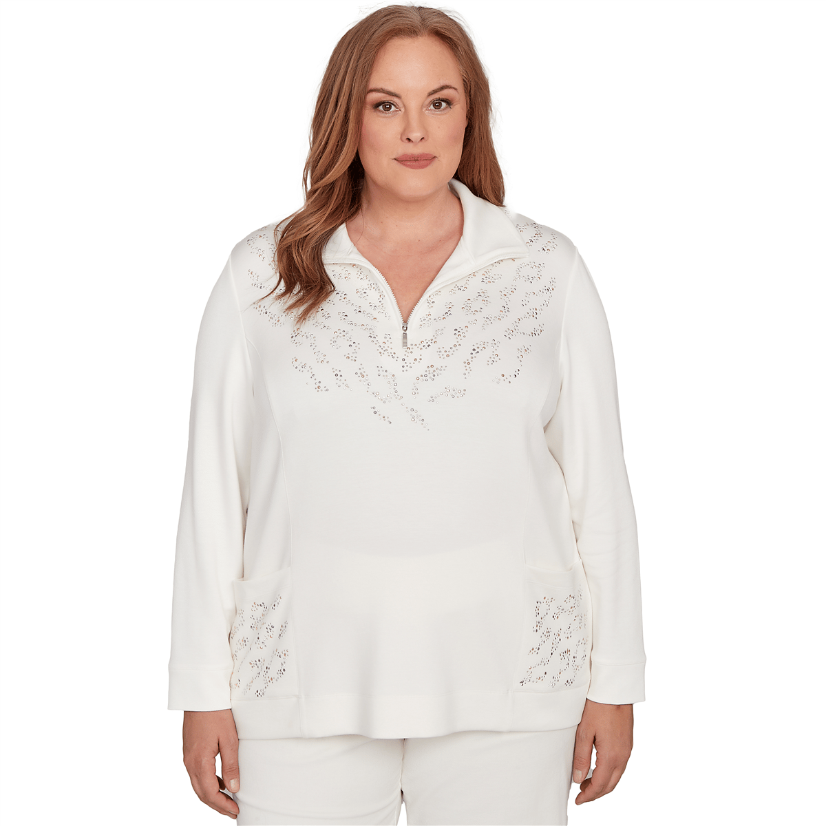 Alfred Dunner Plus Size Vienna Metallic Studded Animal Pattern Knit Top - Vanilla