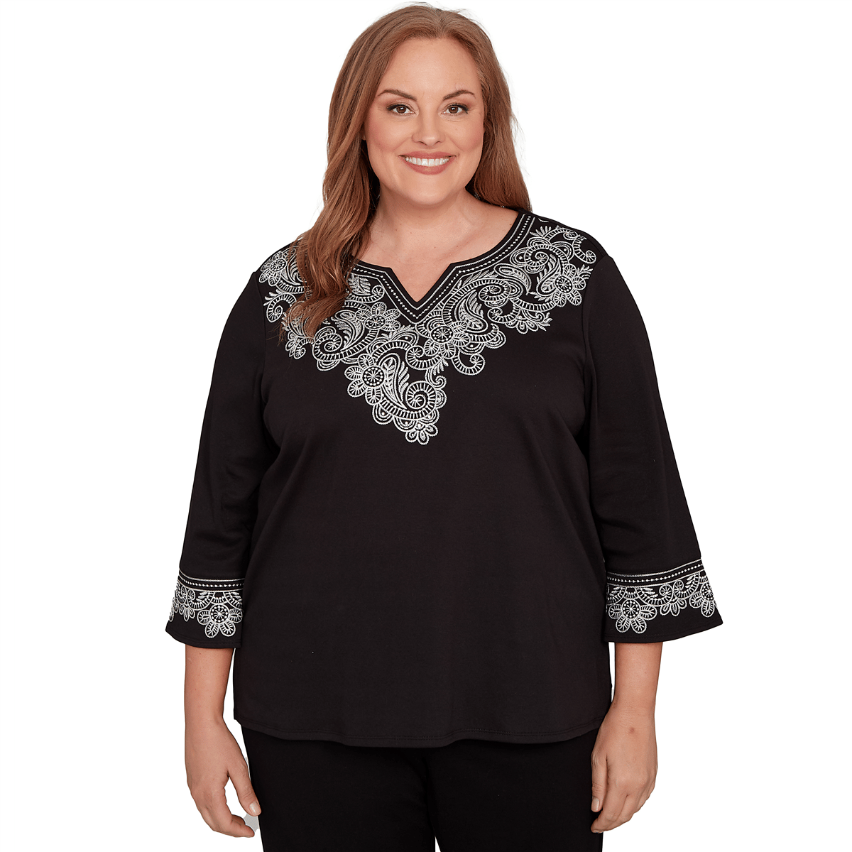 Alfred Dunner Plus Size Barcelona Embroidered Scroll Accent Soft Knit Top - Black