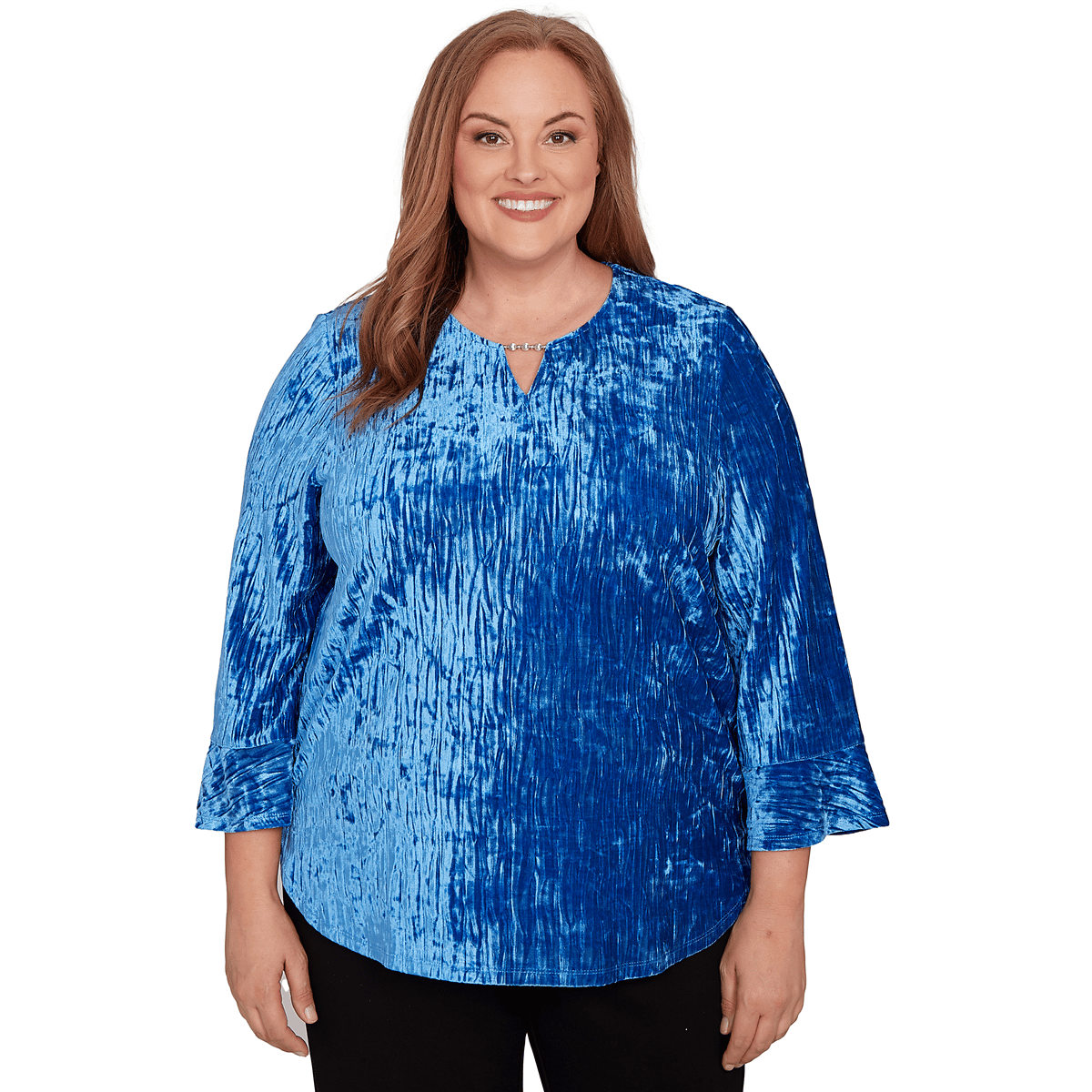 Alfred Dunner Plus Size Barcelona Crushed Velvet Keyhole Bell Sleeve Top - Cobalt