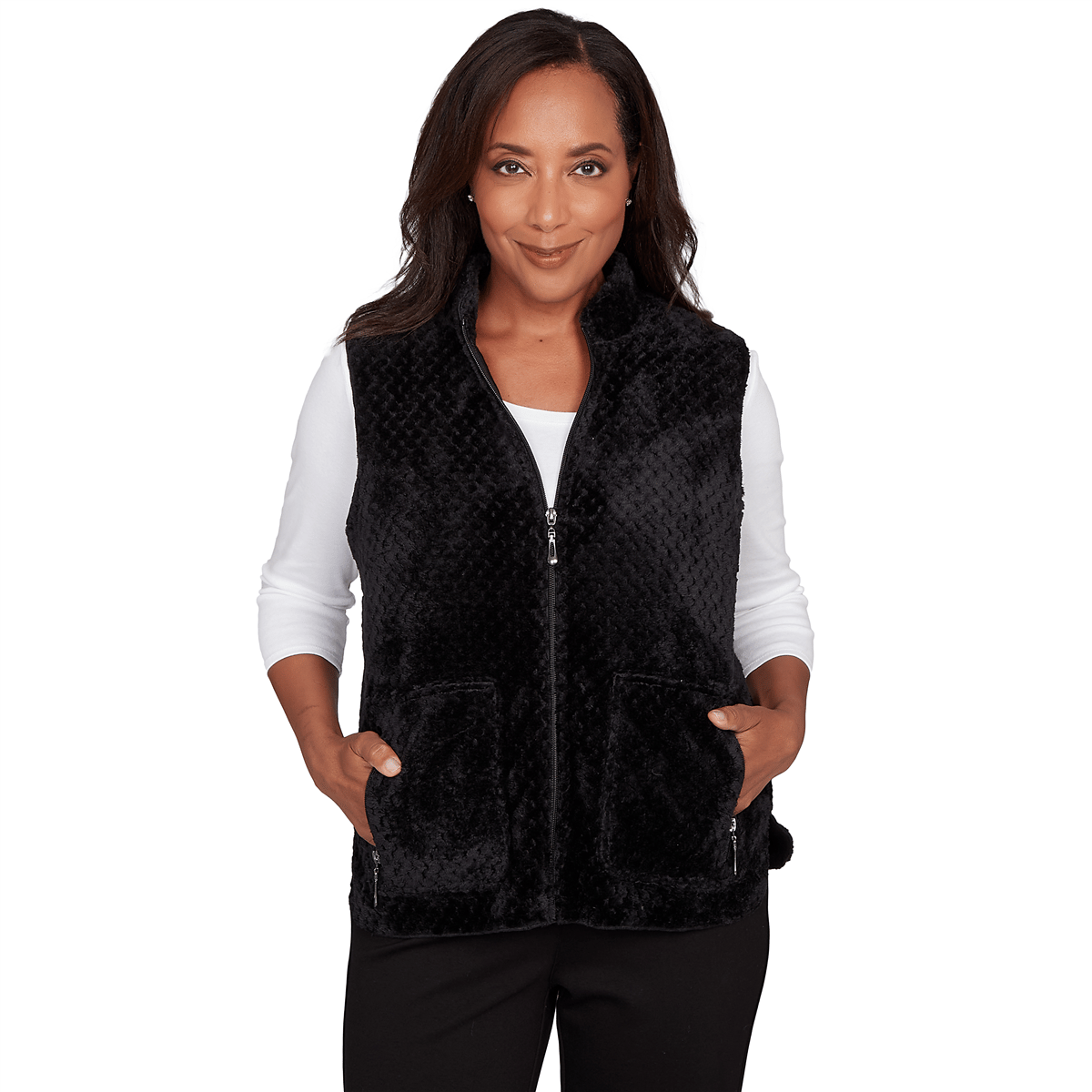 Alfred Dunner Petite Barcelona Plush Fleece Lined Mock Neck Vest - Black