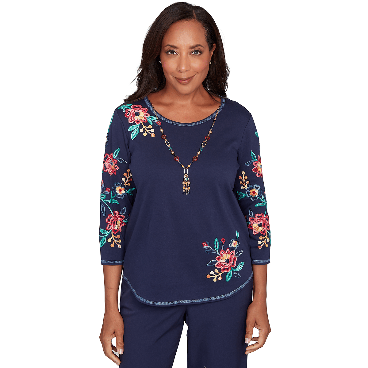 Alfred Dunner Womens Saratoga Springs Embroidered Sleeve Knit Top with Necklace - Navy