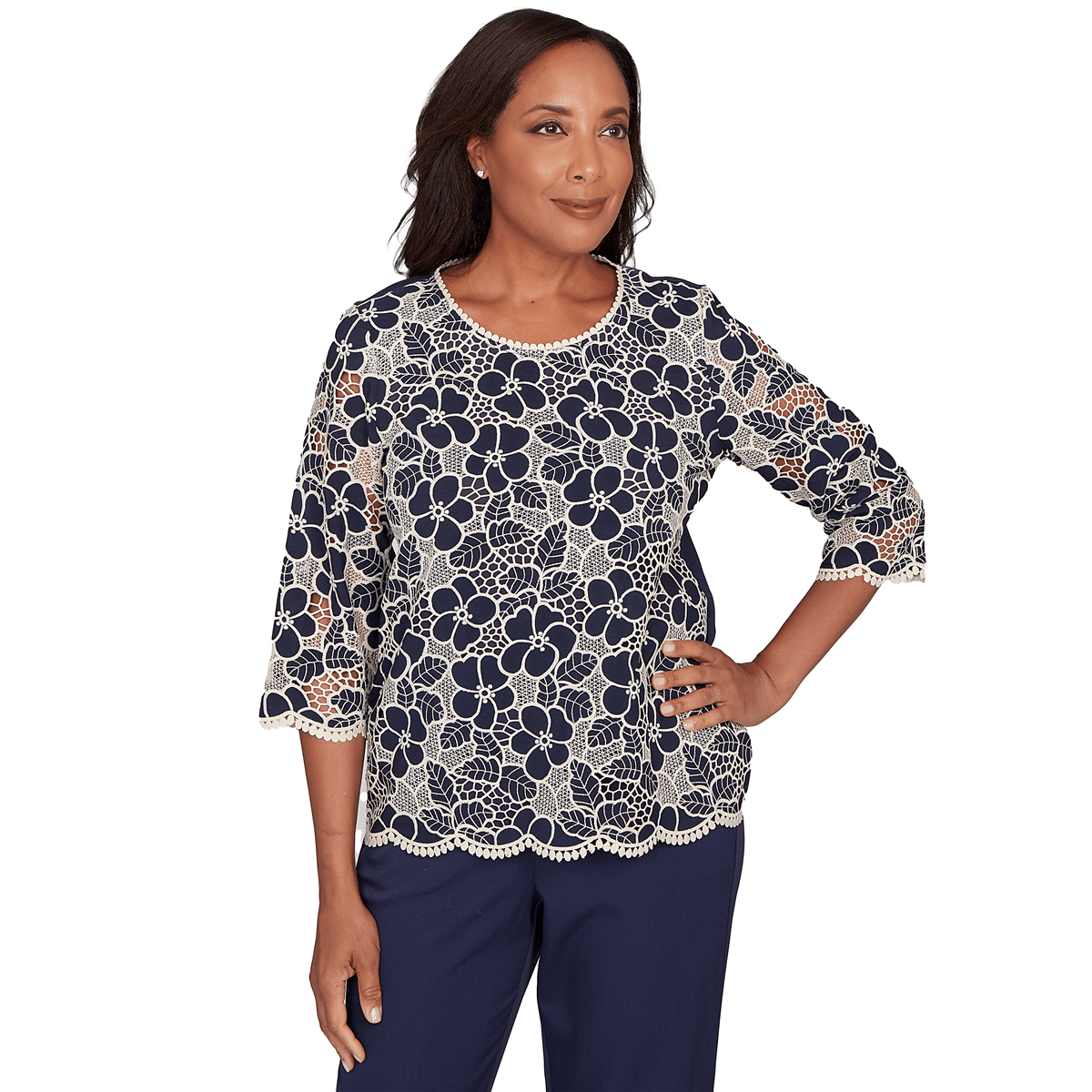 Alfred Dunner Womens Saratoga Springs Floral Lace Trim Soft Knit Top - Navy