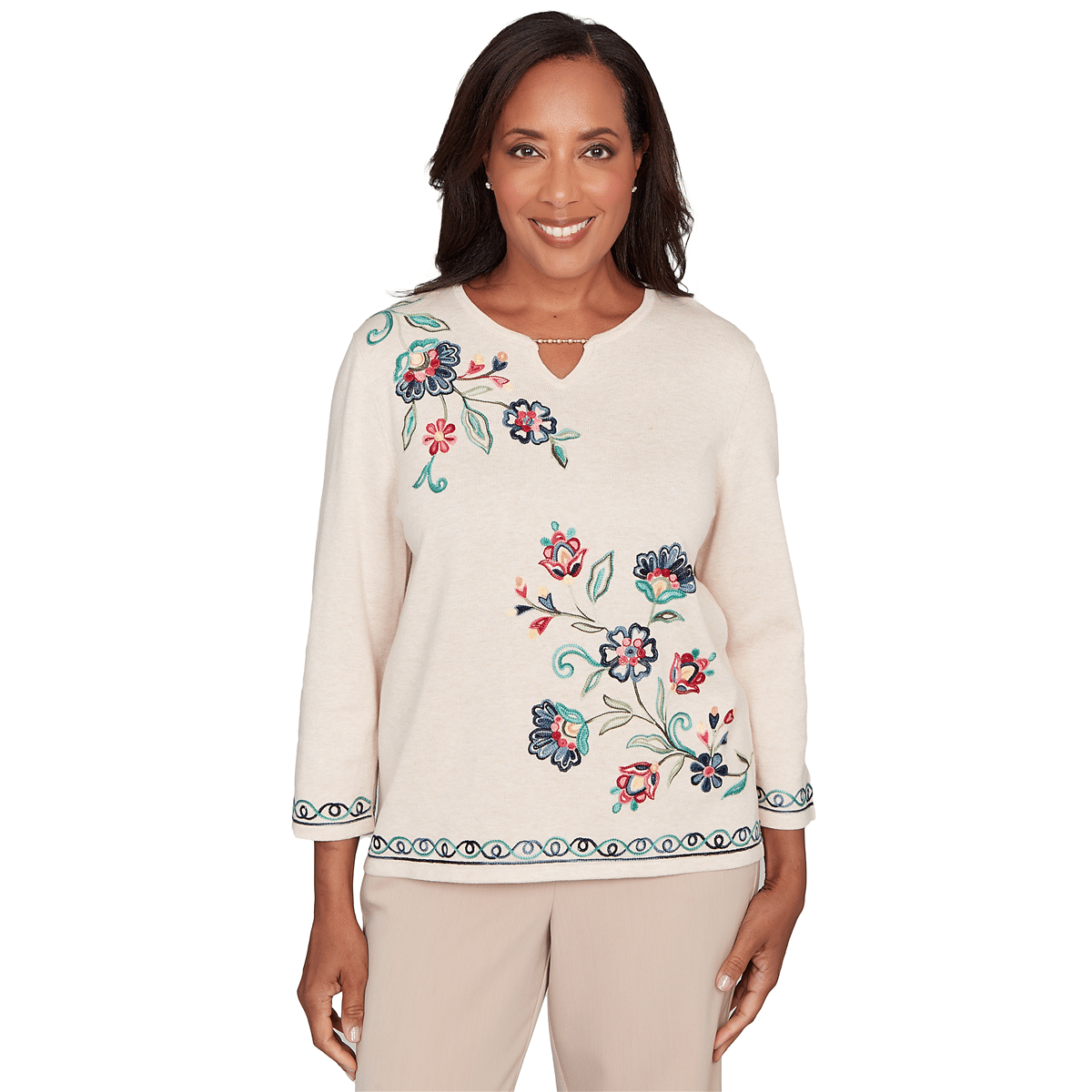 Alfred Dunner Womens Saratoga Springs Embroidered Floral Three-Quarter Sleeve Sweater - Oatmeal