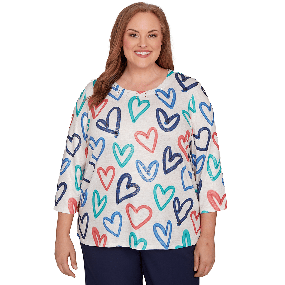 Alfred Dunner Plus Size Saratoga Springs Tossed Heart Pattern Knit Top - Oatmeal Multi
