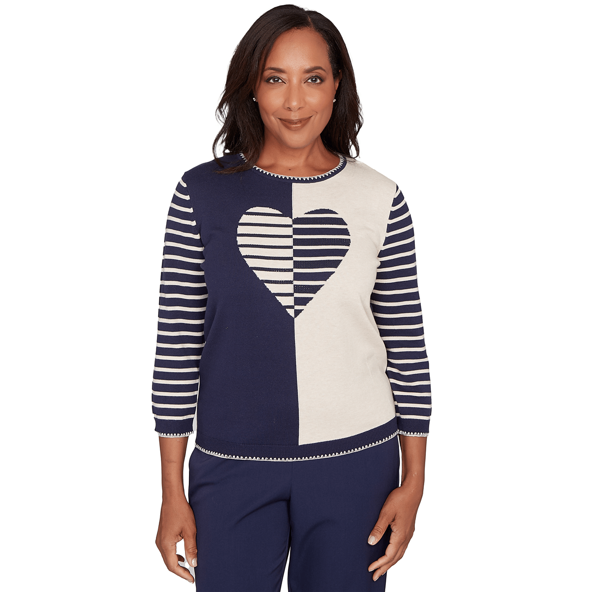 Alfred Dunner Petite Saratoga Springs Heart Motif Detail Striped Sweater - Navy
