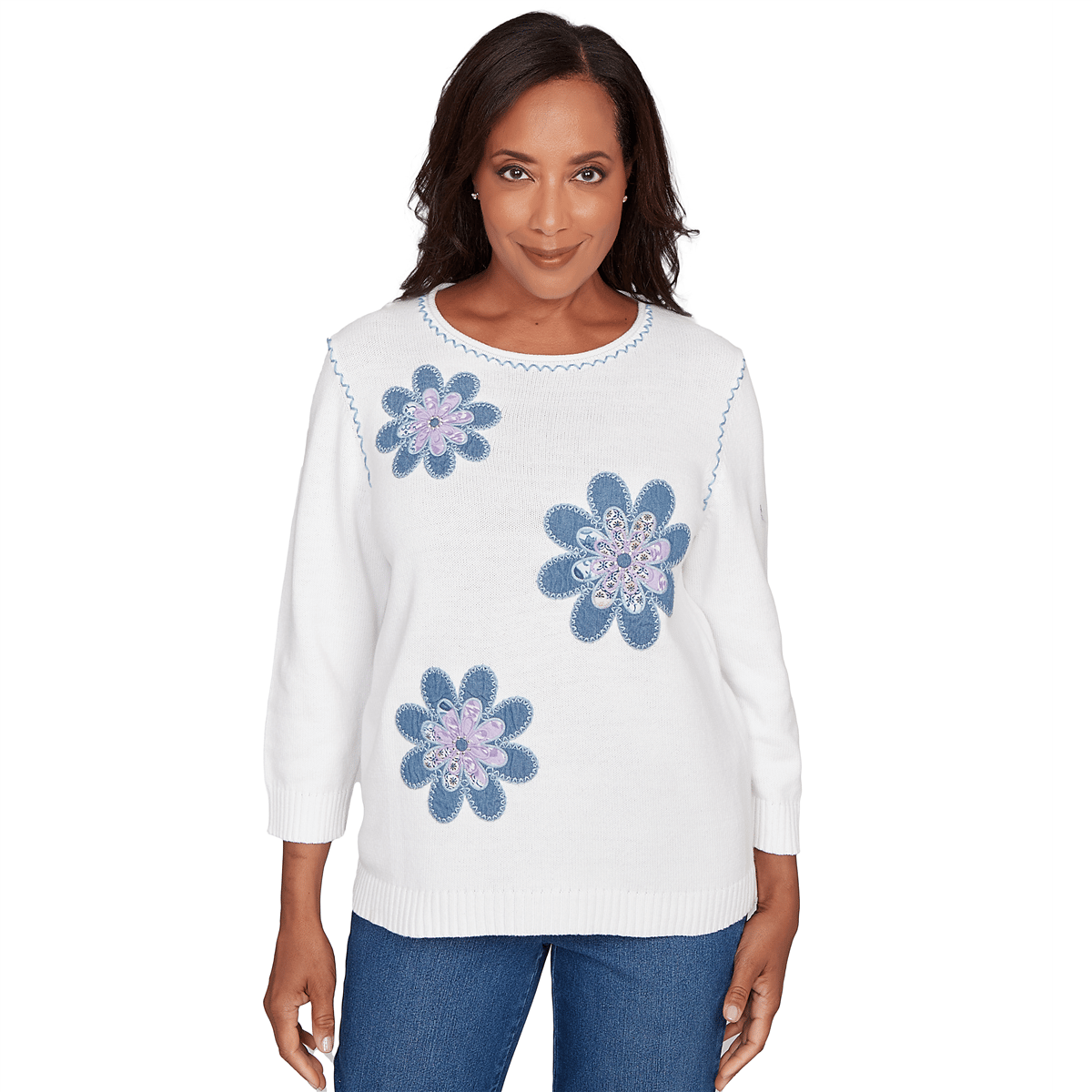 Click here for Petite Alfred Dunner Hilton Head Denim Floral Swea... prices