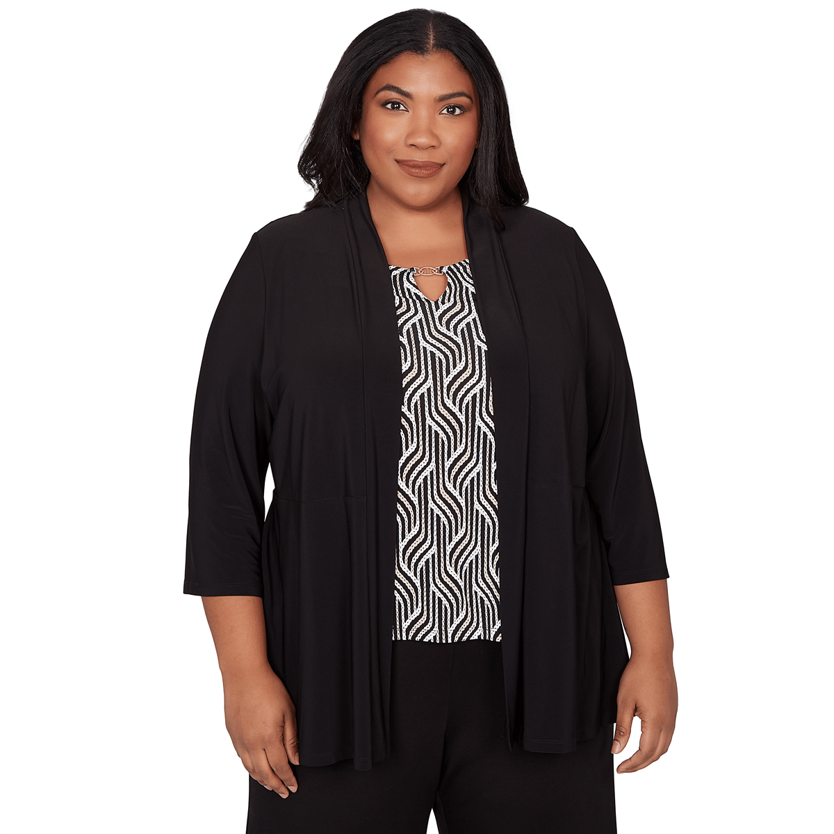 Alfred Dunner Plus Size Seville Border Print Two in One Top - Black