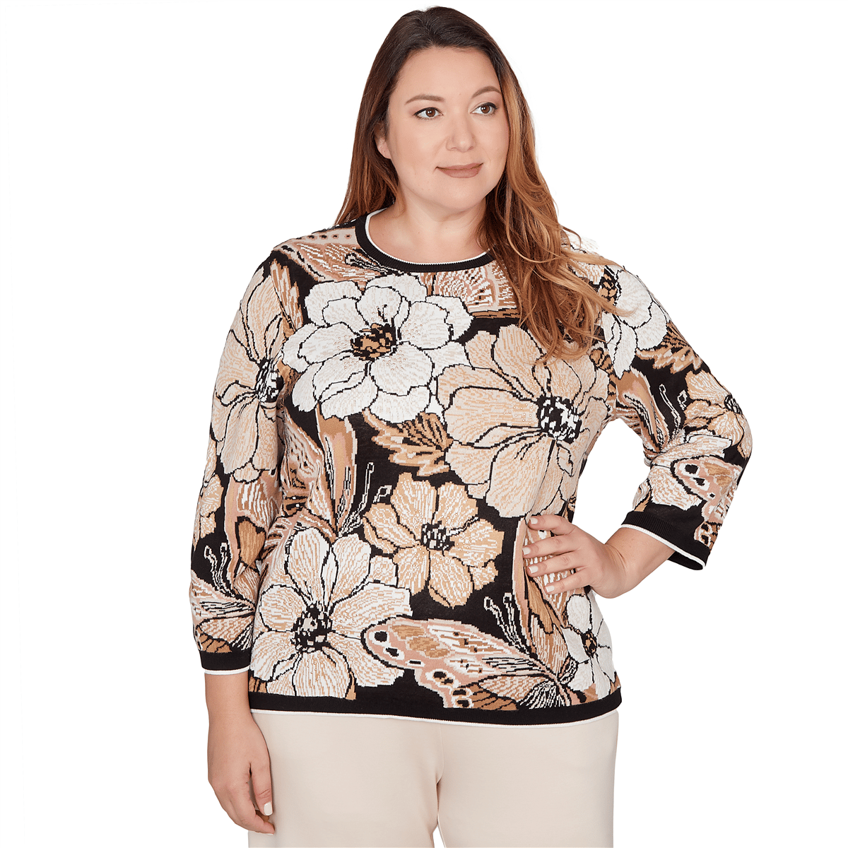 Alfred Dunner Plus Size Seville Jacquard Floral Butterfly Sweater - Neutral Multi